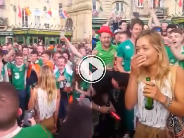 Irish fans sing to a beautiful french girl (Video)