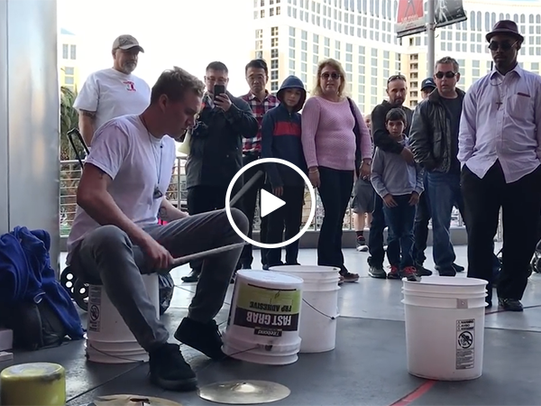 Bucket boy plays on the streets of Las Vegas