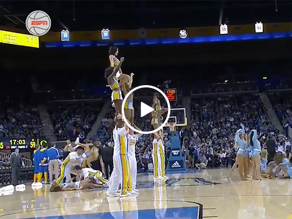UCLA cheerleader takes a hard fall twice