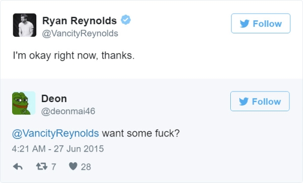 Ryan Reynolds responds to inappropriate tweets