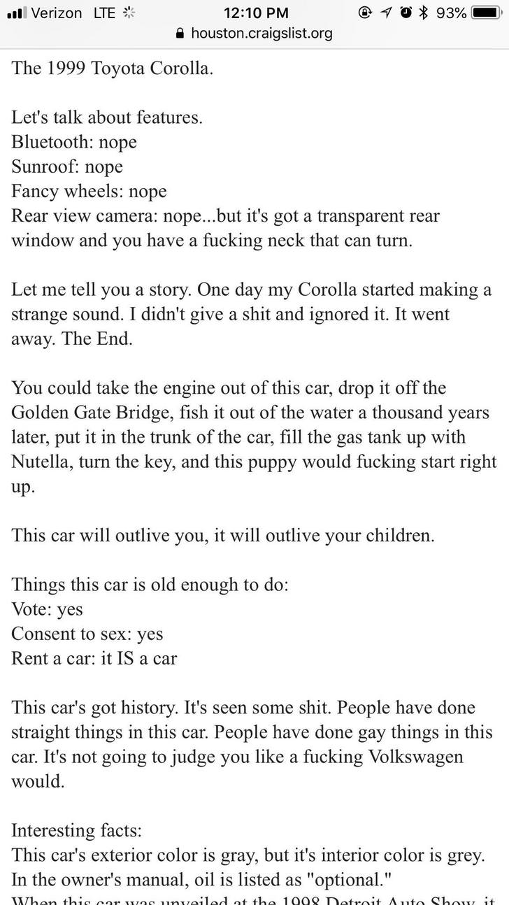 Guy writes brilliant ad for his '1999 F*#%ing Toyota Corolla'
