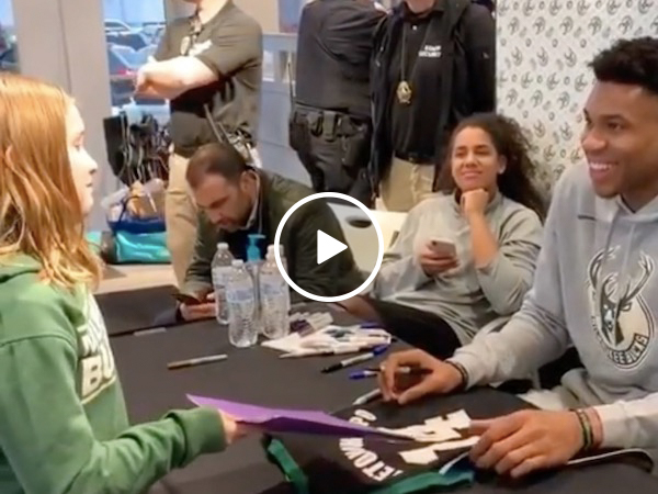 Adorable girl shares her artwork with the Greek Freak (Video)