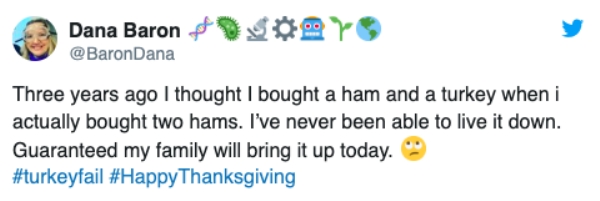 Tweets from people sharing the worst Thanksgiving fails