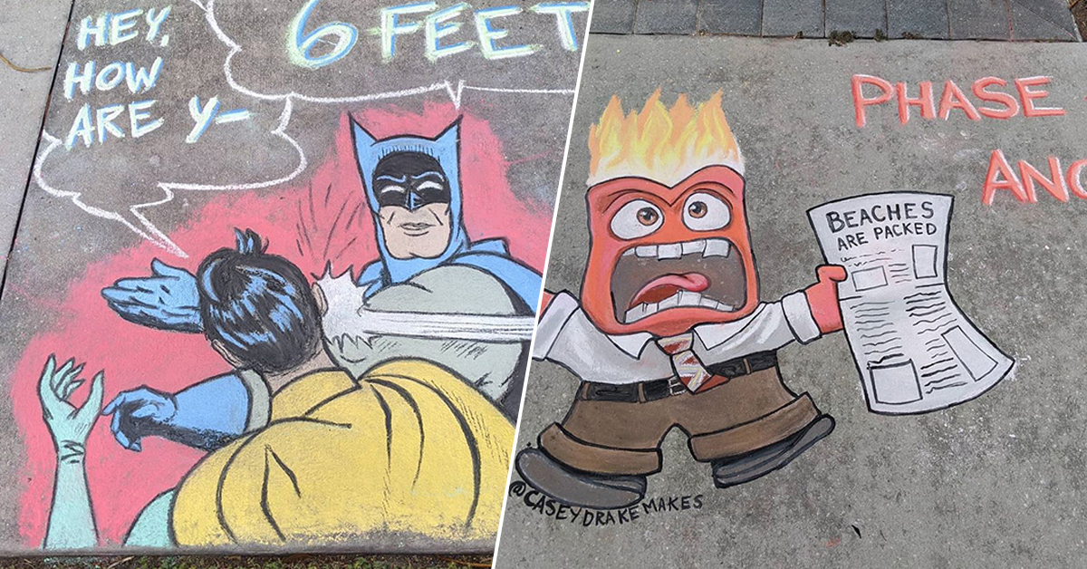 Artist uses chalk and sidewalk for a canvas documenting the times