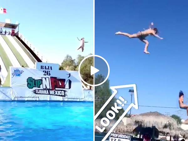 Chicks go full send off giant pool slide... and full FAIL