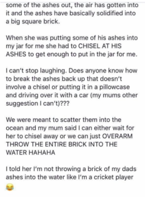 Darkly funny advice on what to do with solidified human ashes