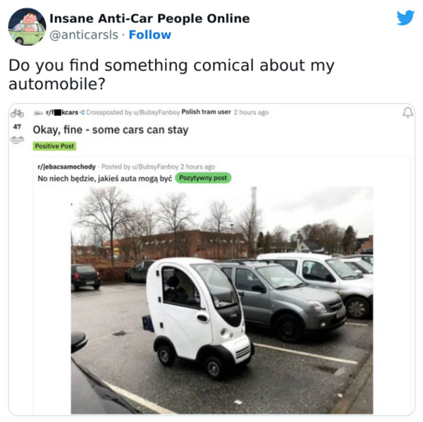 The anti-car crowd getting appropriately roasted
